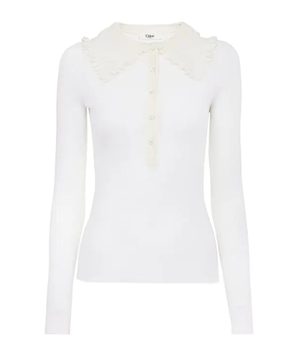 Chloé Lace Collar Long Sleeve Knit Shirt - White