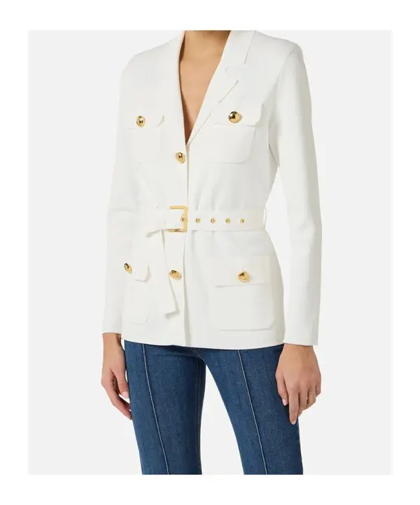 Elisabetta Franchi Milano Stitch Knit Jacket With Gold-tone Hardware - Ivory
