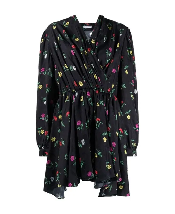 Balenciaga V-neck Floral-printed Mini Dress - Black