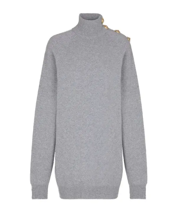Balmain Turtleneck Knit Dress With Lion Head Buttons - Grey