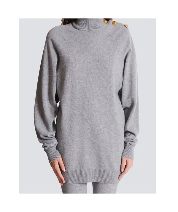 Balmain Turtleneck Knit Dress With Lion Head Buttons - Grey