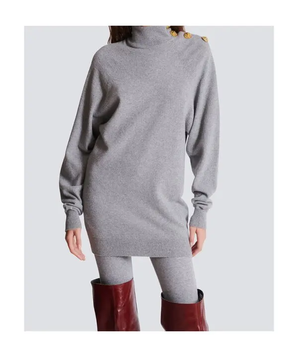 Balmain Turtleneck Knit Dress With Lion Head Buttons - Grey