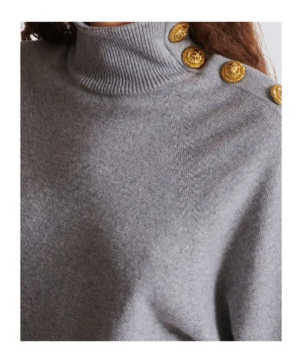 Balmain Turtleneck Knit Dress With Lion Head Buttons - Grey