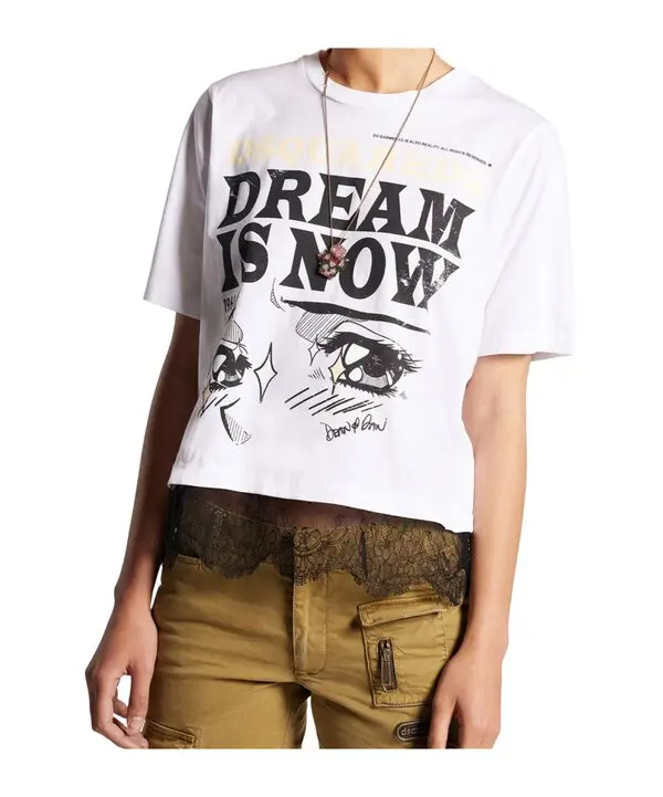 Dsquared2 Graphic Print Crewneck T-shirt With Lace Hem Detail