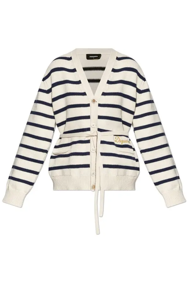 Dsquared2 Tie-waisted Striped Knit Cardigan - White