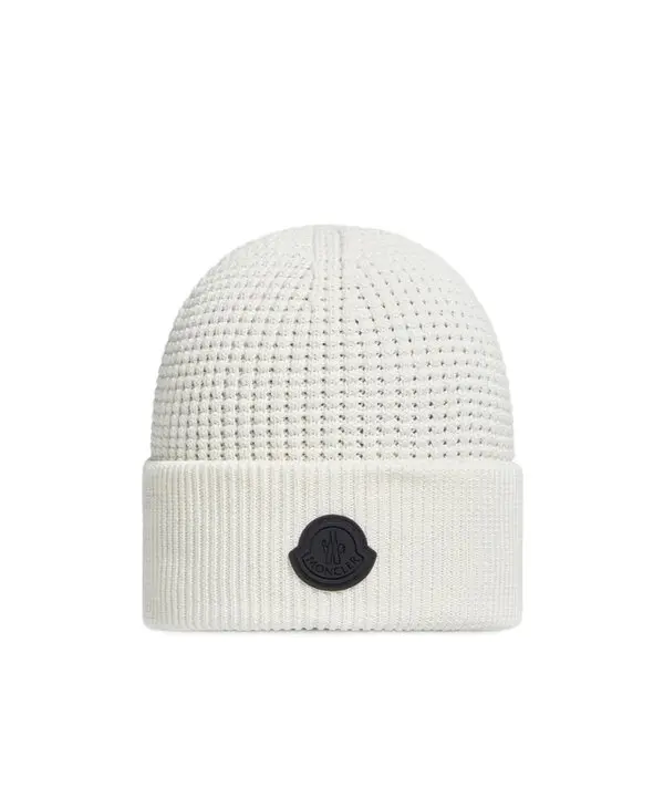 Moncler Logo Patch Ribbed Beanie - White