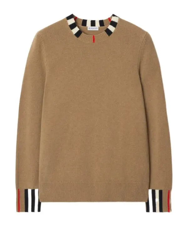 Burberry Icon Stripe Trim Wool Cashmere Sweater - Brown
