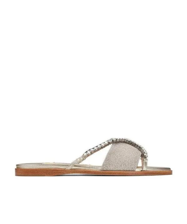 JIMMY CHOO Logo Sequins Crystal Chain Sandals - White