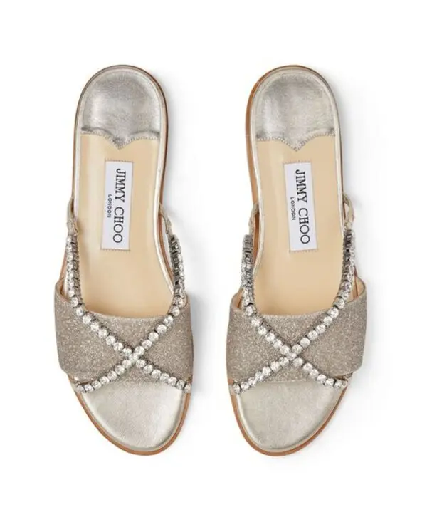 JIMMY CHOO Logo Sequins Crystal Chain Sandals