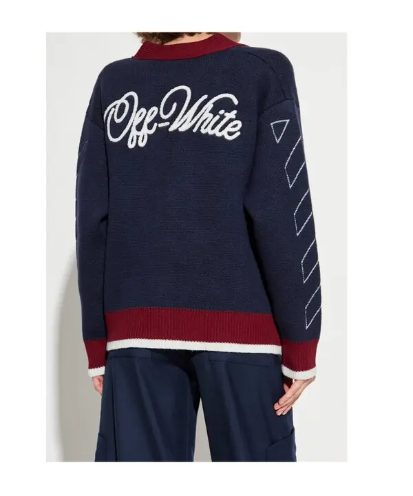 Off-White Jacquard Knit Varsity Cardigan - Navy Blue