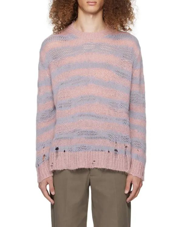 Acne Studios Long Sleeve Striped Distressed Knit Sweater