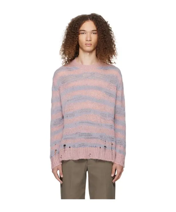 Acne Studios Long Sleeve Striped Distressed Knit Sweater