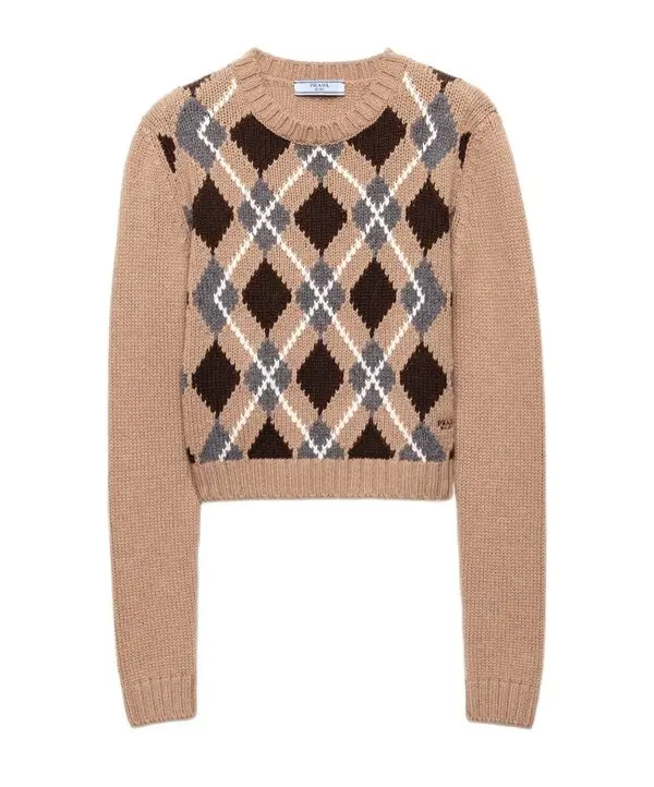 Prada Argyle Crewneck Jumper - Camel Brown