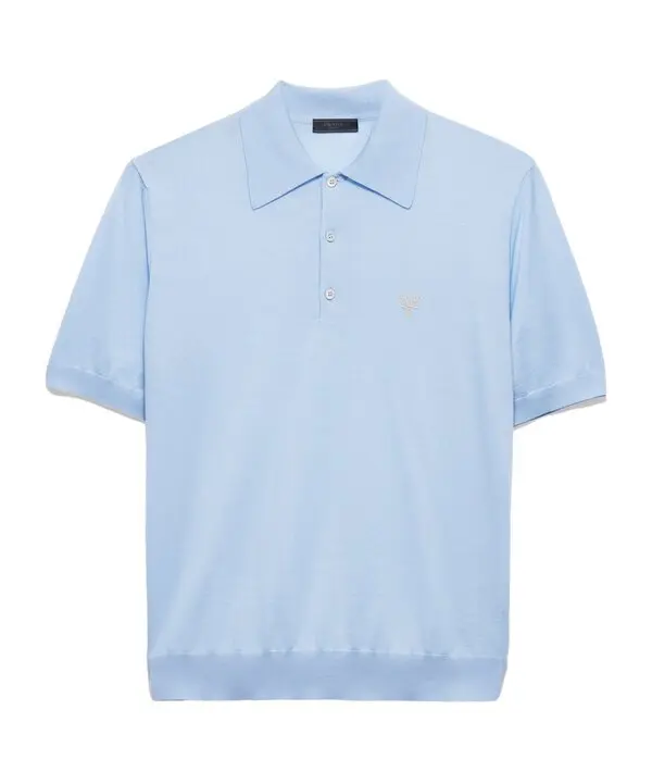 Prada Logo Embroidered Short Sleeved Polo Shirt - Sky-blue