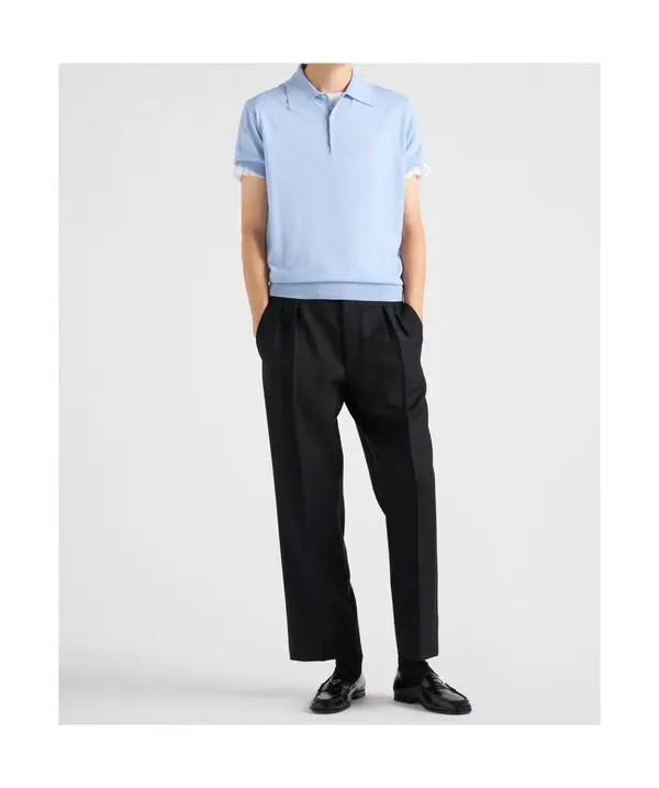 Prada Logo Embroidered Short Sleeved Polo Shirt - Sky-blue