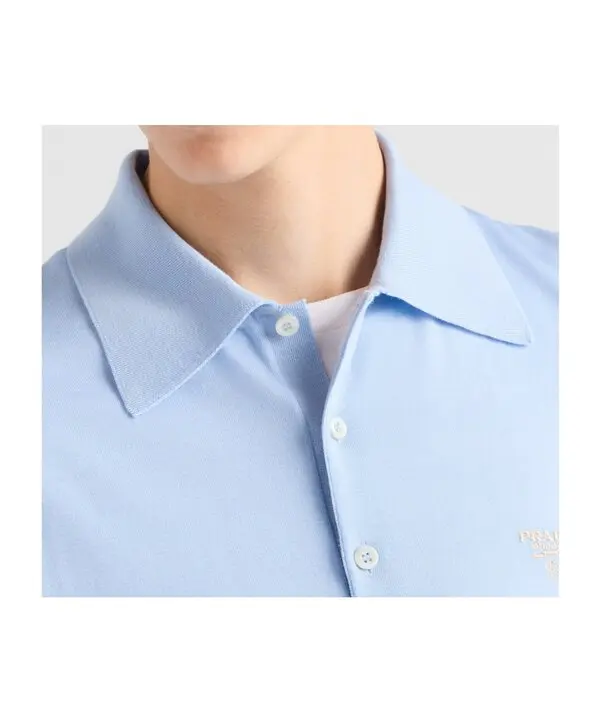 Prada Logo Embroidered Short Sleeved Polo Shirt - Sky-blue