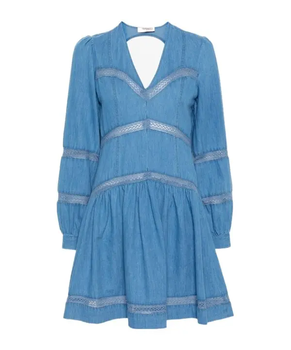 TWINSET Flared Denim Mini Dress With V-neck And Cut-out Detail - Blue