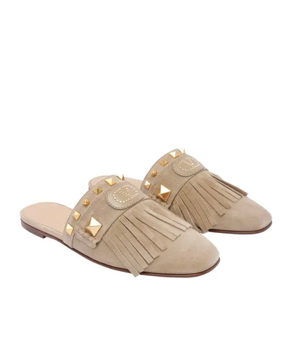 Valentino Garavani Rockstud Fringed Mules - Nude