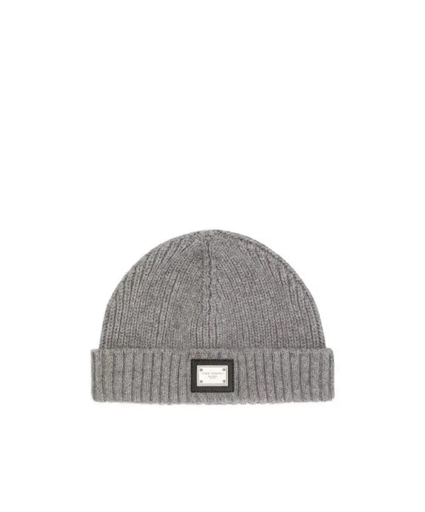 Dolce & Gabbana Ribbed Logo Plaque Beanie Hat - Gray