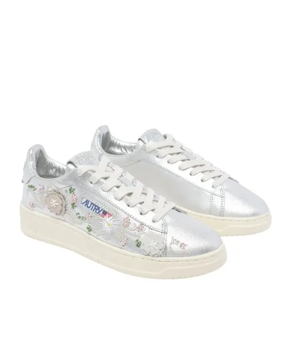 AUTRY Rose Dallas Metallic Leather Low-top Sneakers With Floral Embroidery