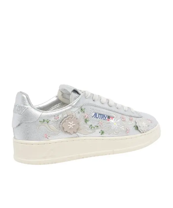 AUTRY Rose Dallas Metallic Leather Low-top Sneakers With Floral Embroidery