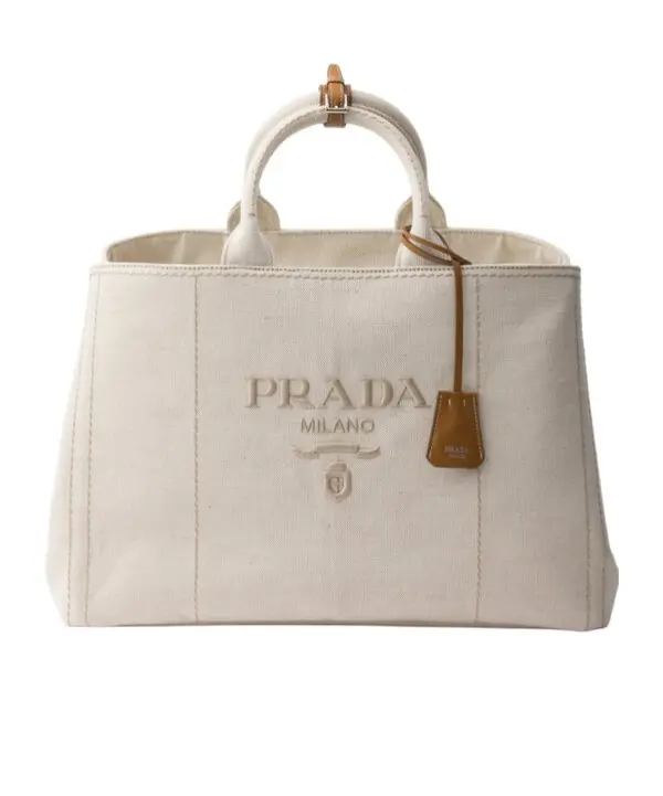 Prada Logo-embroidered Canvas Top Handle Bag - Natural