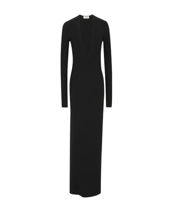 Saint Laurent Long-sleeved V-neck Maxi Dress - Black
