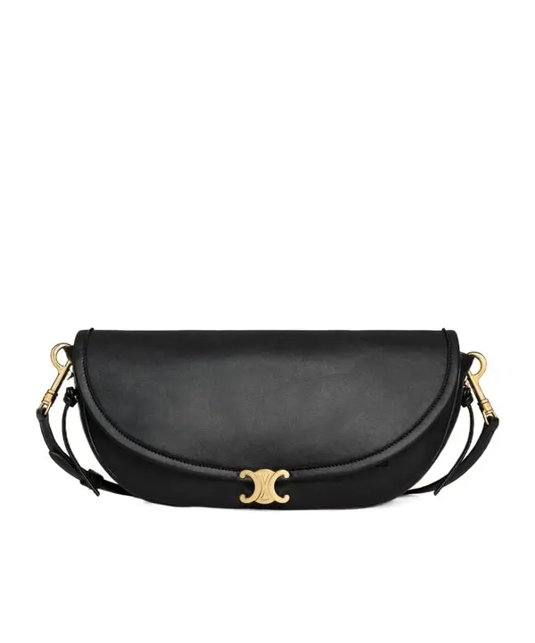 Celine Little Halfmoon Soft Triomphe Bag In Shiny Lambskin - Black