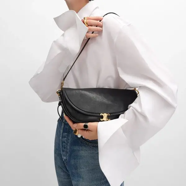 Celine Little Halfmoon Soft Triomphe Bag In Shiny Lambskin - Black