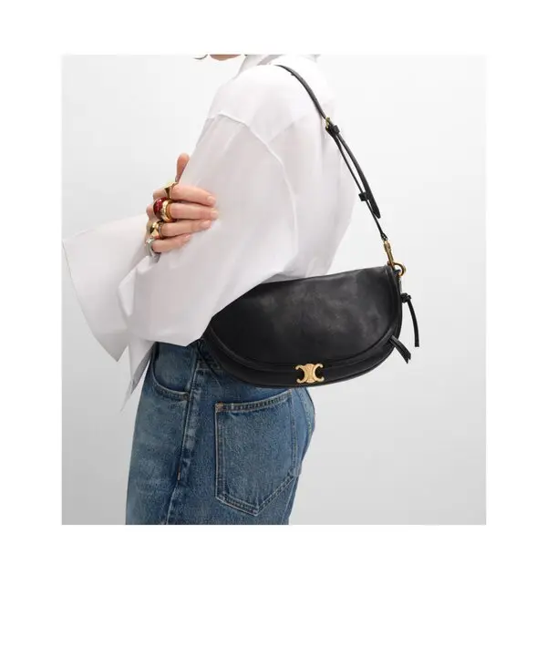 Celine Little Halfmoon Soft Triomphe Bag In Shiny Lambskin - Black