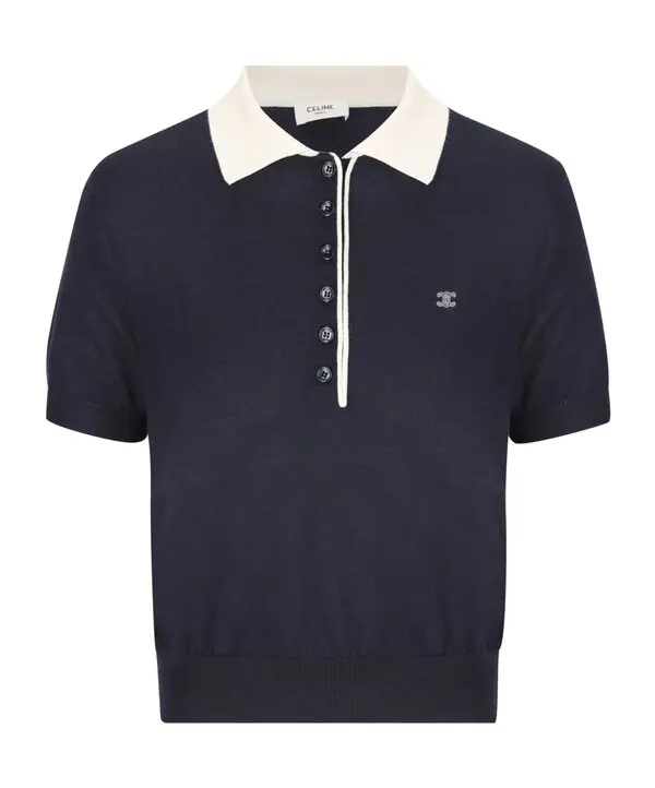 Celine Short Sleeve Cashmere Silk Polo Sweater - Dark Navy
