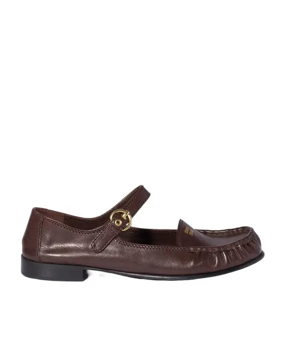 Miu Miu Leather Mary Jane Loafers With Buckle Strap - Brown