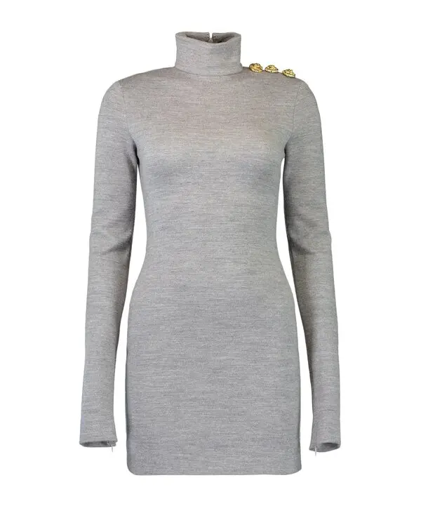 Balmain Turtleneck Long-sleeve Dress With Button Detailing - Gray