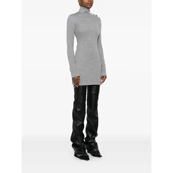 Balmain Turtleneck Long-sleeve Dress With Button Detailing - Gray