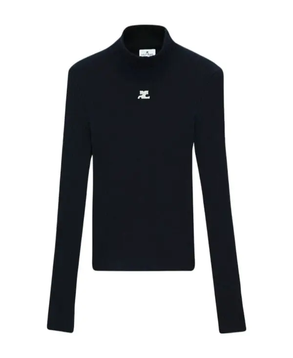 COURREGES High Neck Knitted Jumper With Logo Detail - Black