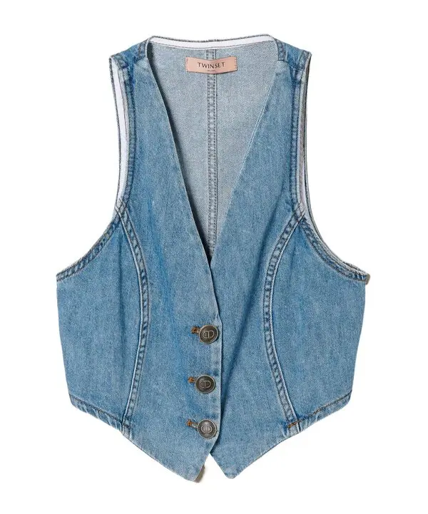 TWINSET Fitted Denim Waistcoat With Metal Button Detail