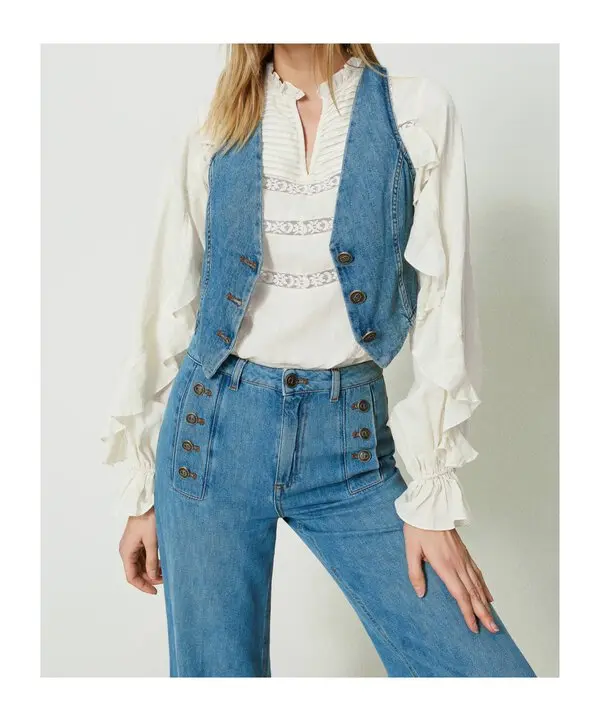 TWINSET Fitted Denim Waistcoat With Metal Button Detail