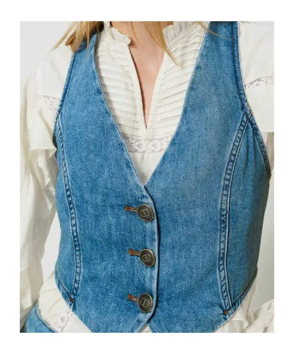 TWINSET Fitted Denim Waistcoat With Metal Button Detail