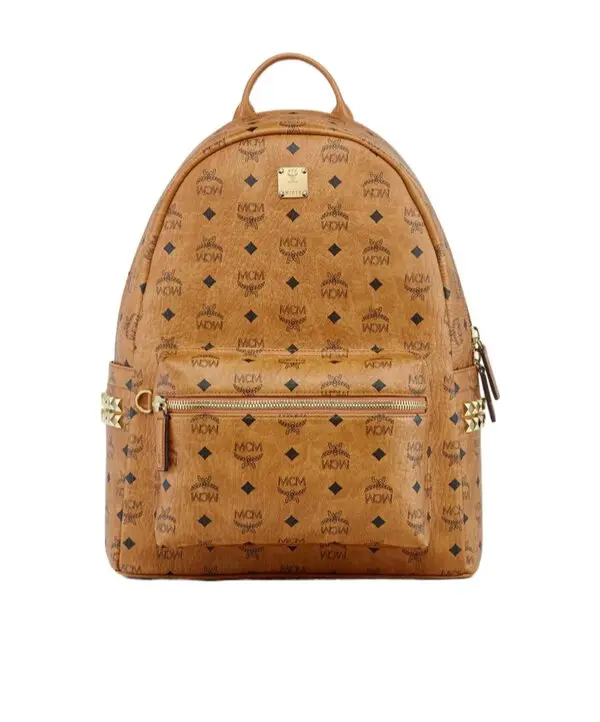 Mcm Stark Backpack With Monogram And Stud Embellishments - Cognac