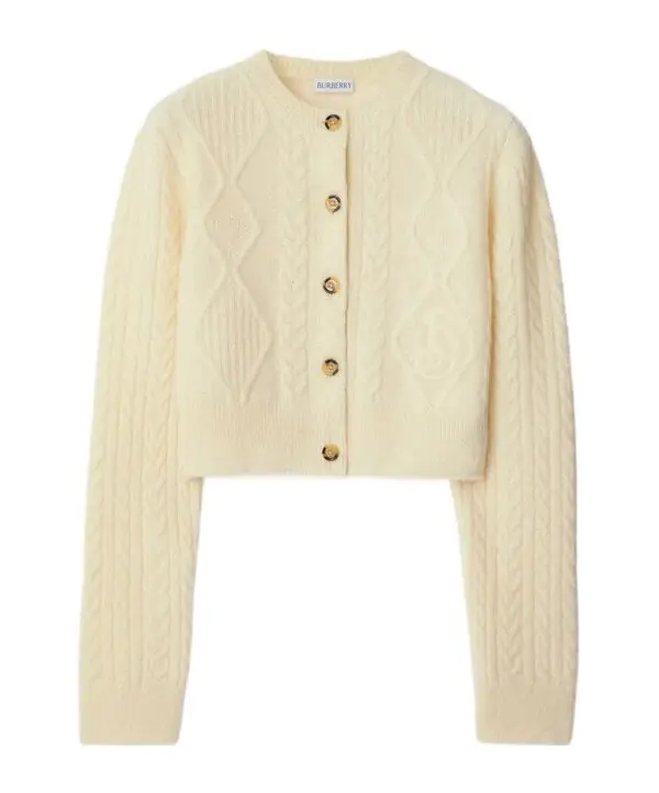 Burberry Cropped Aran-knit Cardigan With Embroidered B Shield - Snow