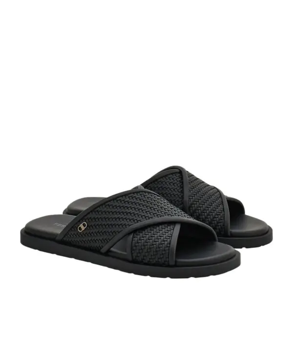 FERRAGAMO Gancini Woven Leather Sandals - Black