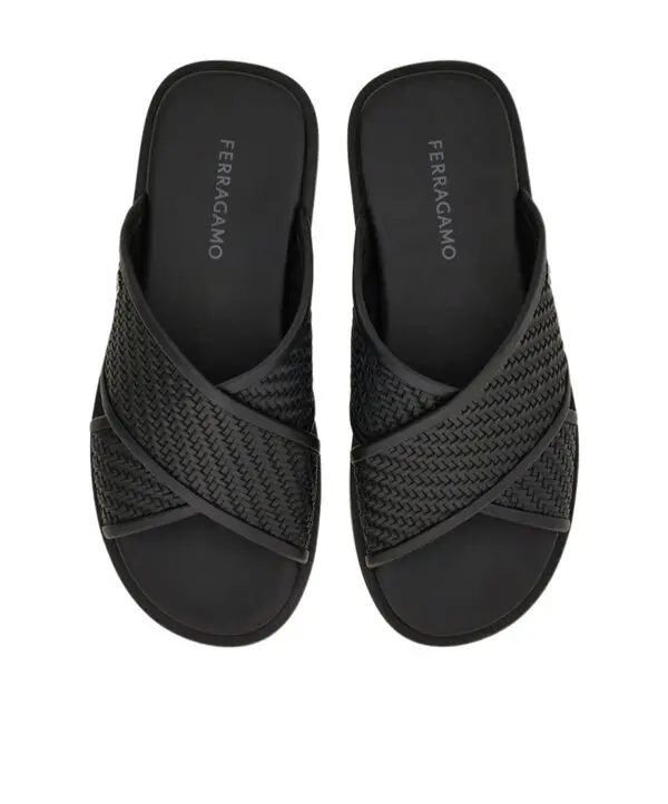 FERRAGAMO Gancini Woven Leather Sandals - Black
