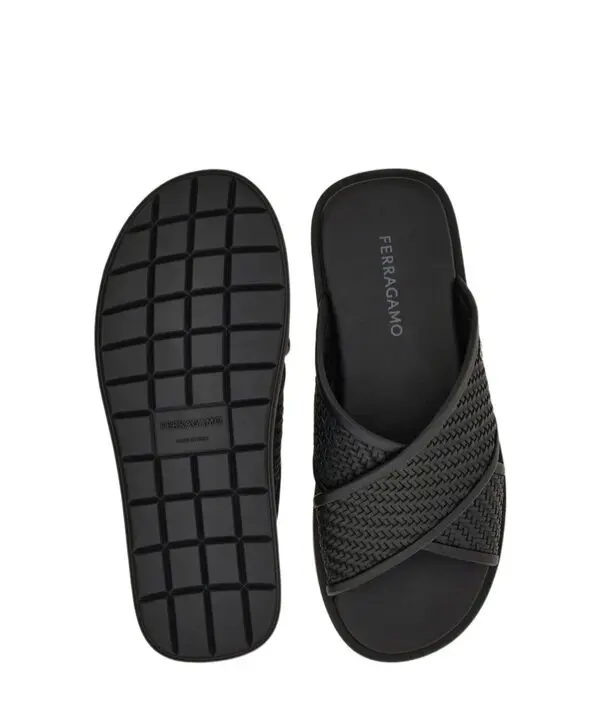 FERRAGAMO Gancini Woven Leather Sandals - Black
