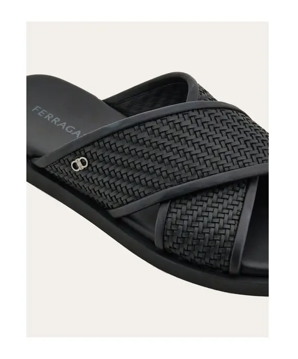 FERRAGAMO Gancini Woven Leather Sandals - Black