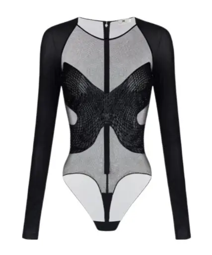 Elisabetta Franchi Long Sleeve Tulle Jersey Bodysuit