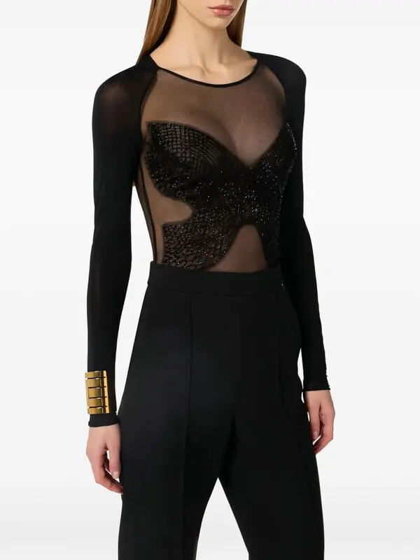 Elisabetta Franchi Long Sleeve Tulle Jersey Bodysuit