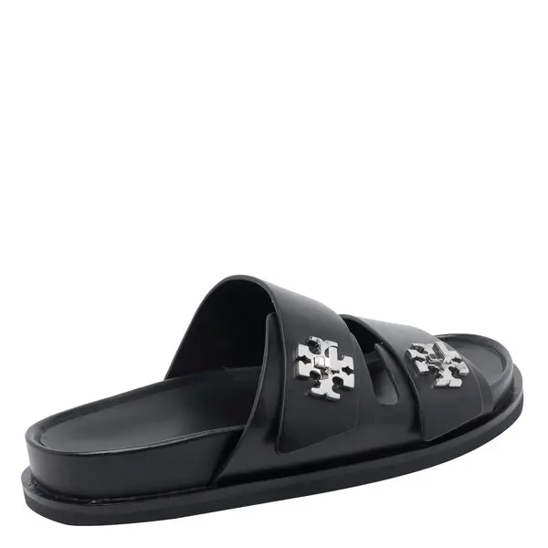 Tory Burch Leather Sport Slides With Silver Tone Logo Detailing - Black