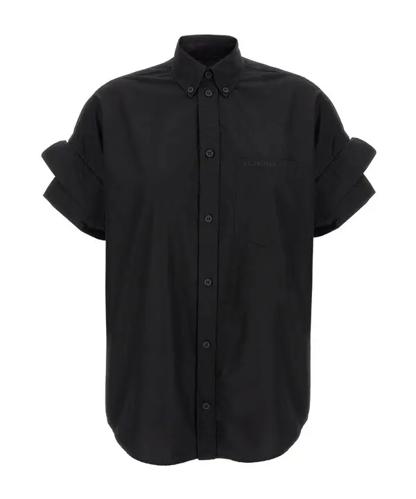 Balenciaga Short Sleeve Collared Shirt With Embroidered Logo - Black