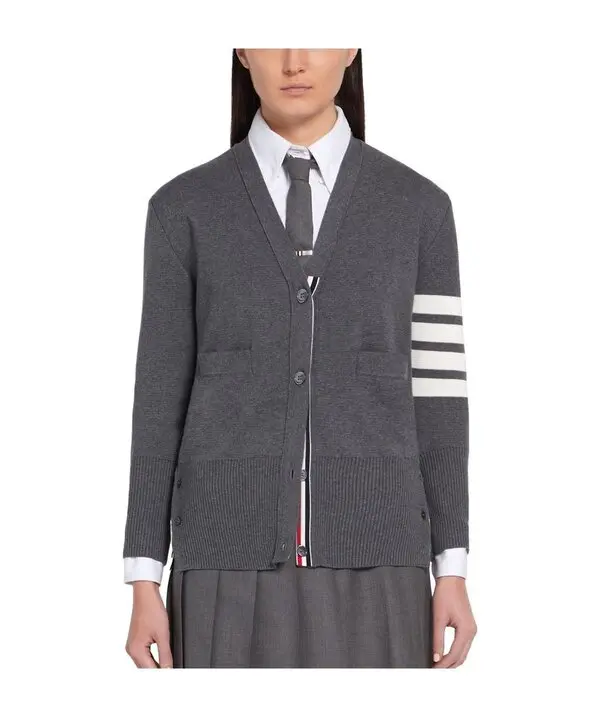Thom Browne 4-bar V-neck Knit Cardigan - Medium Gray