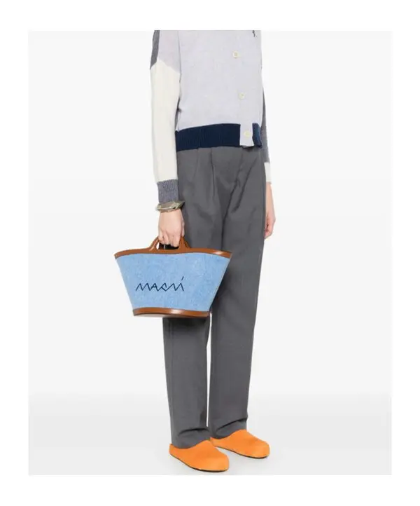 Marni Logo Embroidered Denim Tote Bag - Blue